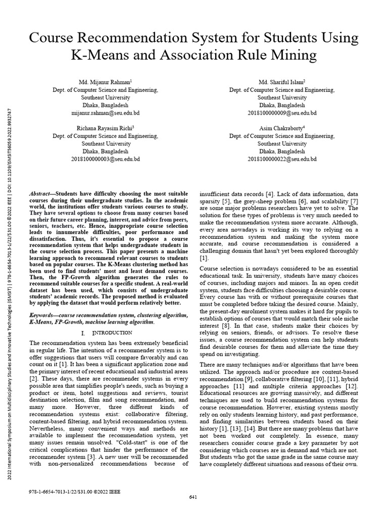 Course Recommendation System For Students Using K-Means and Association ...