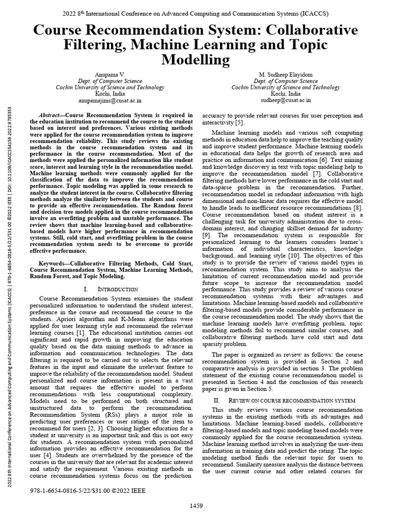 Course Recommendation System: Collaborative Filtering, Machine Learning and Topic Modelling | PDF