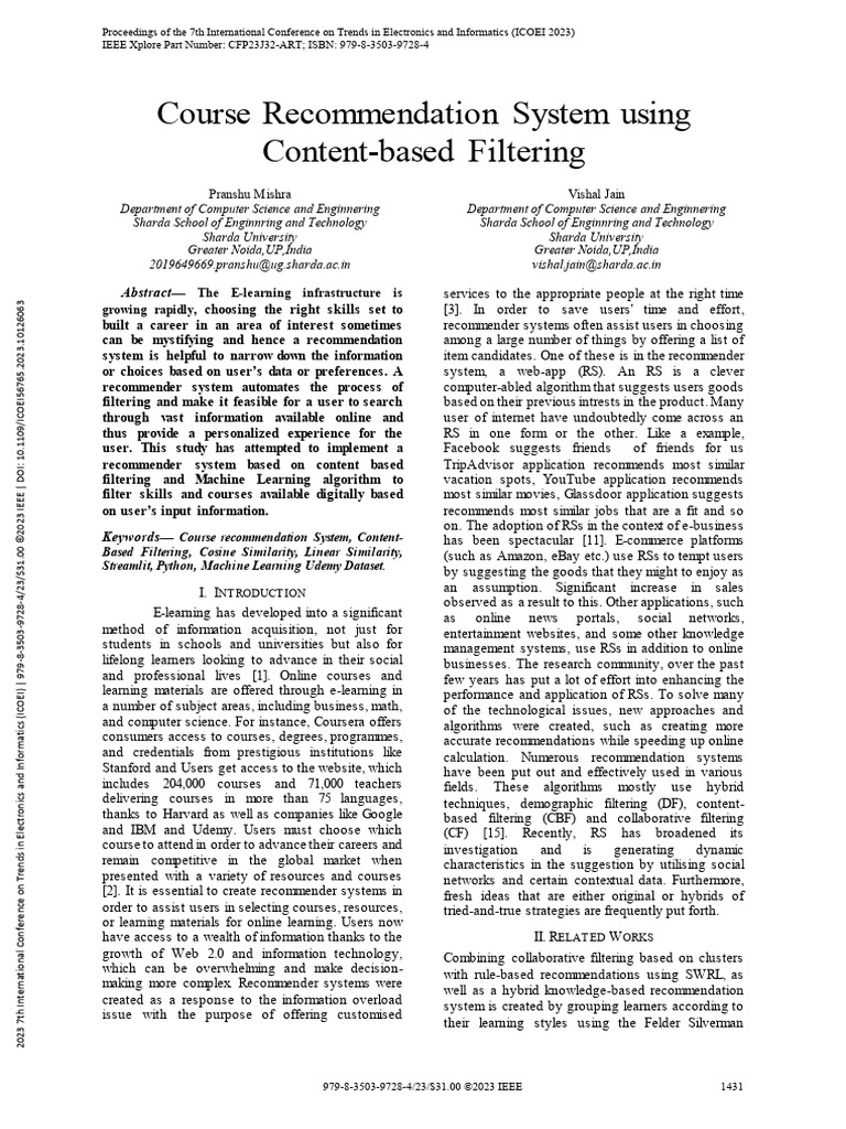 Course Recommendation System Using Content-Based Filtering | PDF