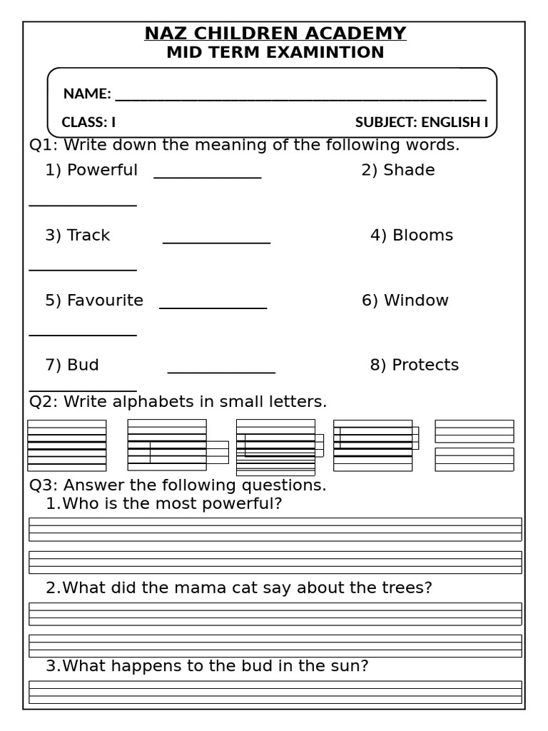 Class 1 English Midterm Exam | PDF