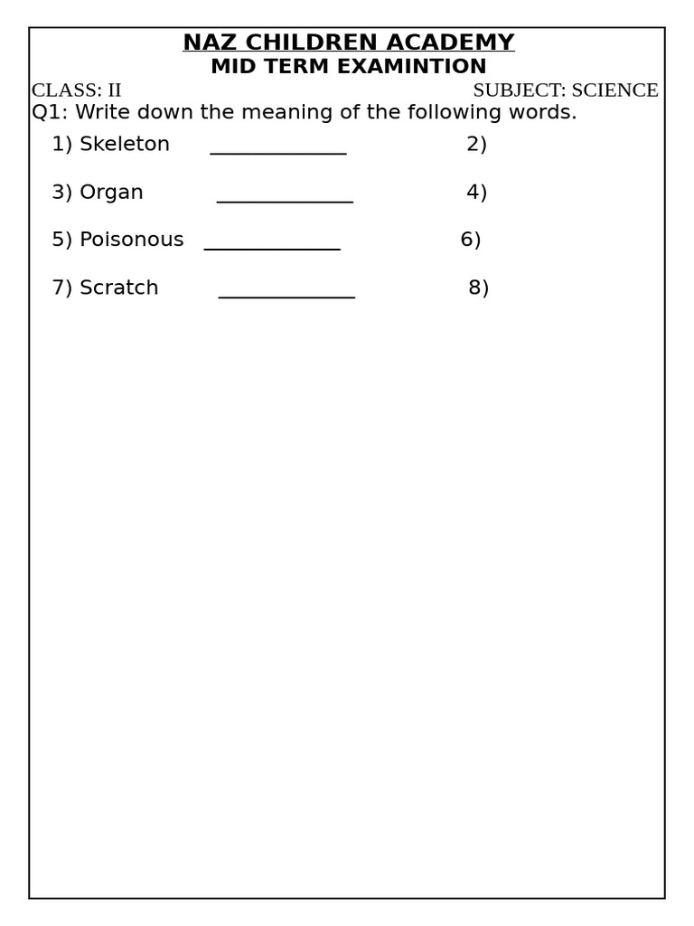 Class 2 Science Mid Term Exam | PDF