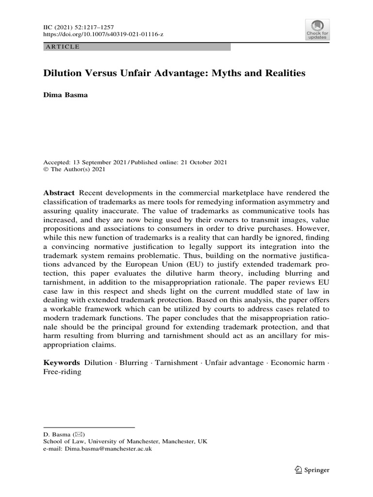 Dilution Versus Unfair Advantage: Myths and Realities: Dima Basma | PDF