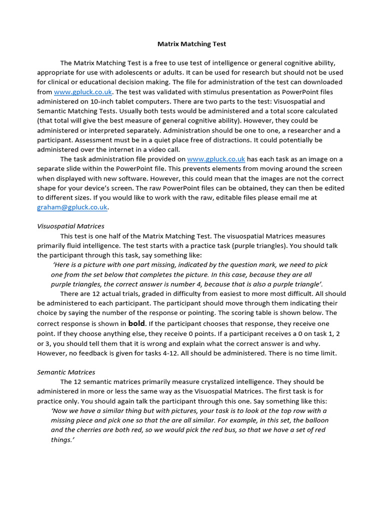 Matrix Matching Test Instructions and Scoring (2) | PDF