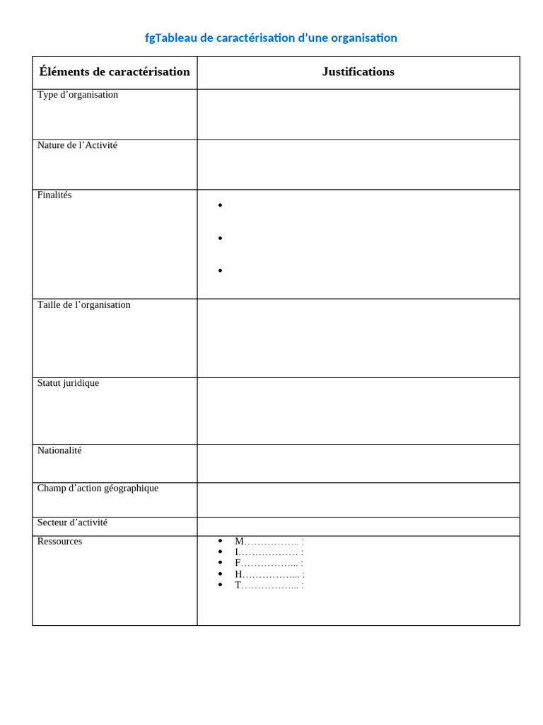 Tableau de Caractérisation D Une Organisation Vide | PDF