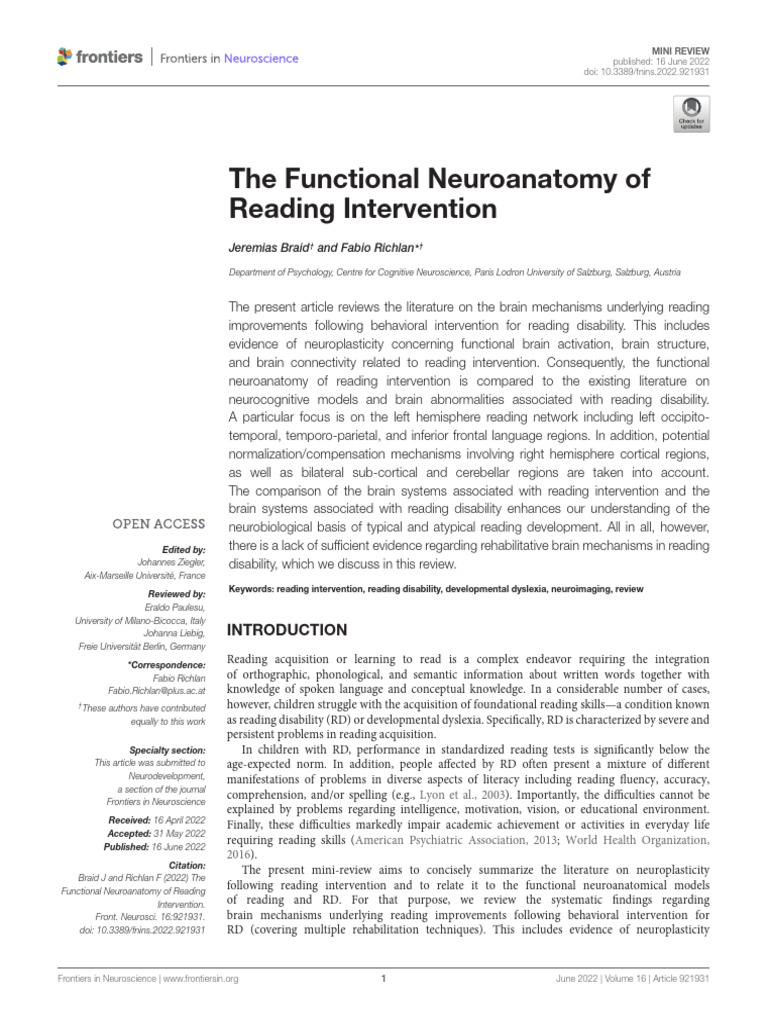 n. the Functional Neuroanatomy of Reading Intervention | PDF