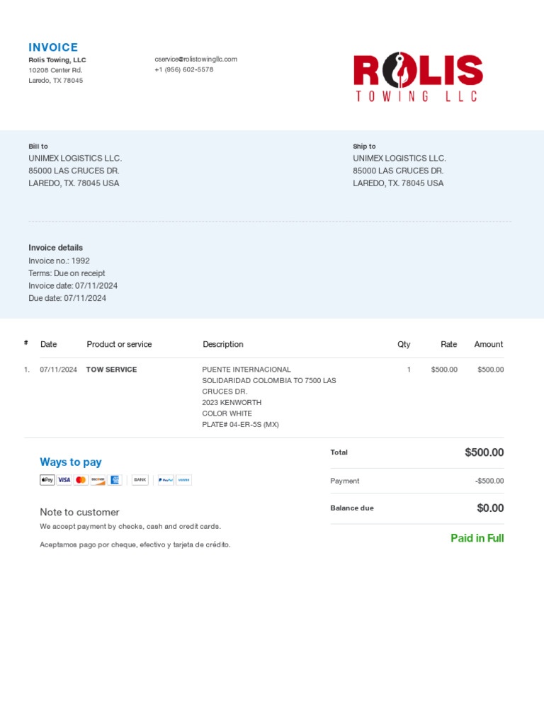Invoice 1992 From Rolis Towing LLC | PDF