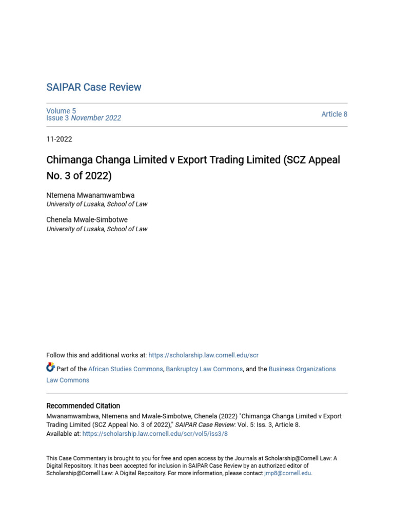 Chimanga Changa Limited V Export Trading Limited (SCZ Appeal No. | PDF ...
