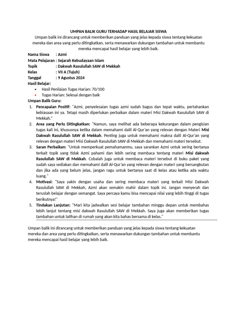 4 Contoh Umpan Balik Guru Terhadap Hasil Belajar Siswa | PDF