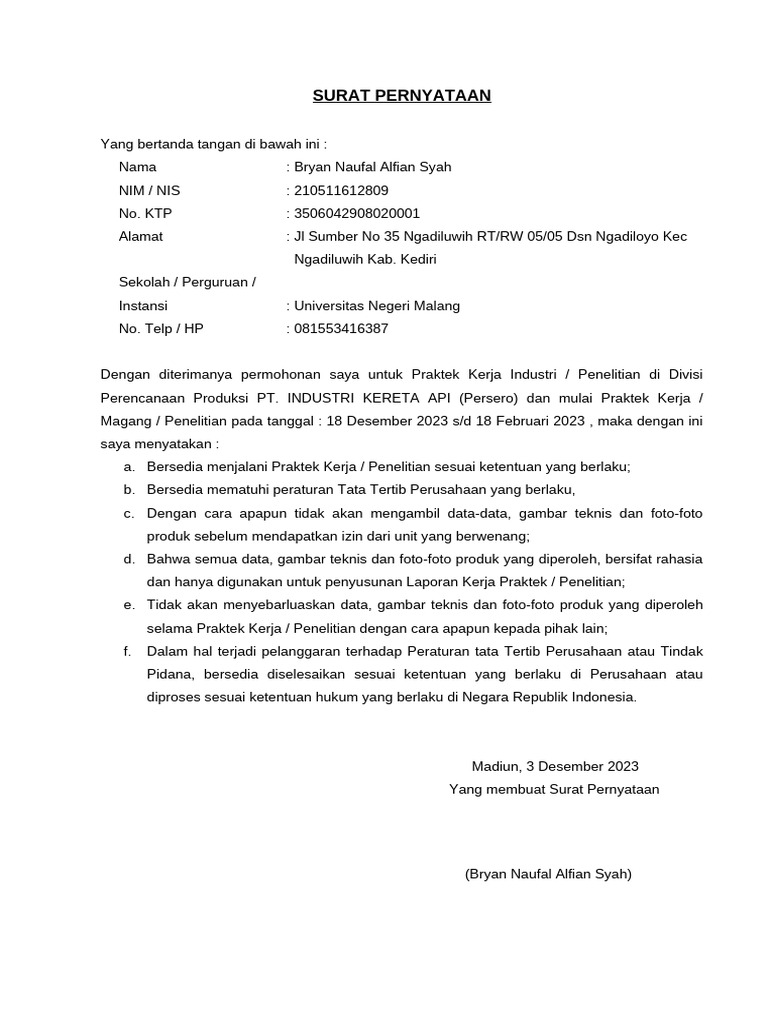 Form Surat Pernyataan Magang | PDF