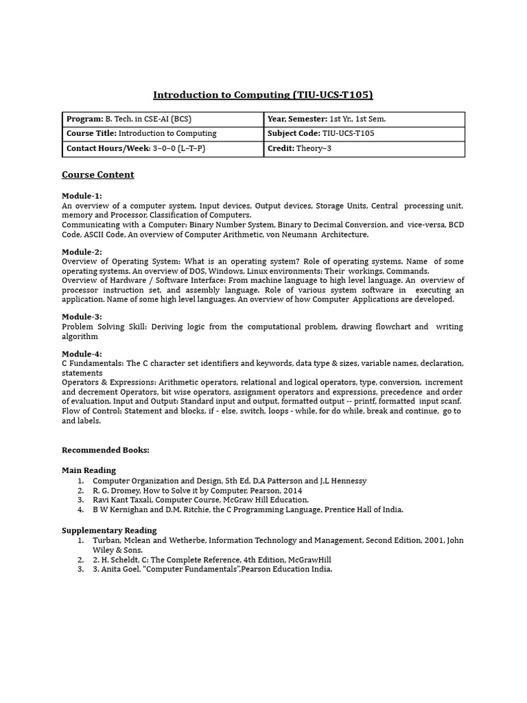 Syllabus of Introduction To Computing | PDF | Operating System | Computers