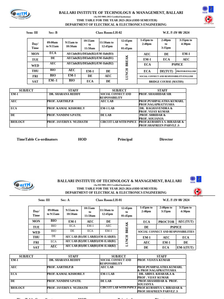 3rd Sem Time Table 2024-25 | PDF | Computer Engineering | Engineering