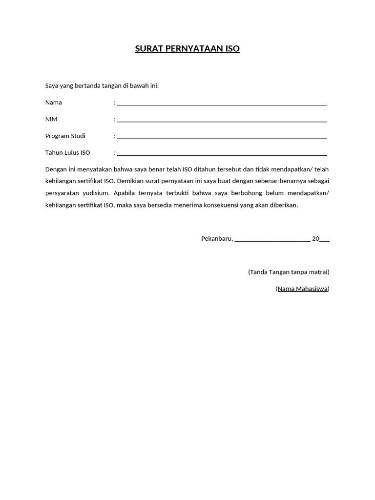 Surat Pernyataan Iso Dan Matrikulasi | PDF
