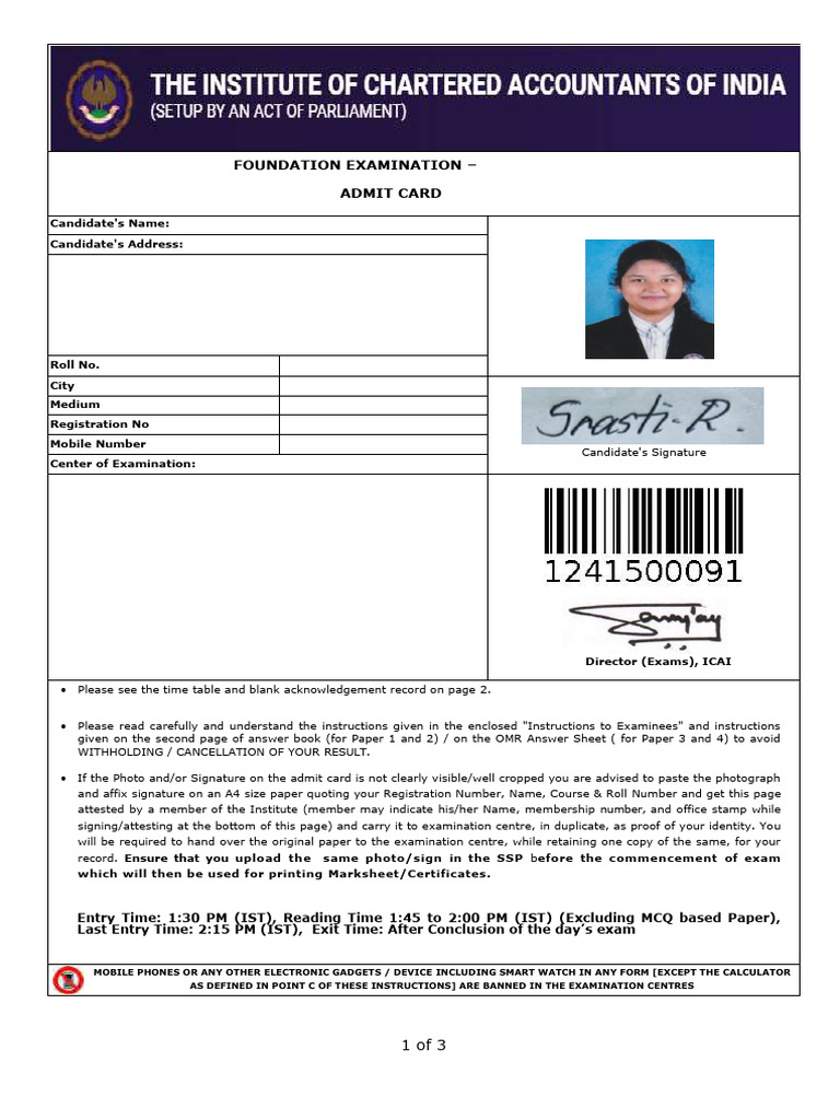 CA Foundation Admit Card | PDF