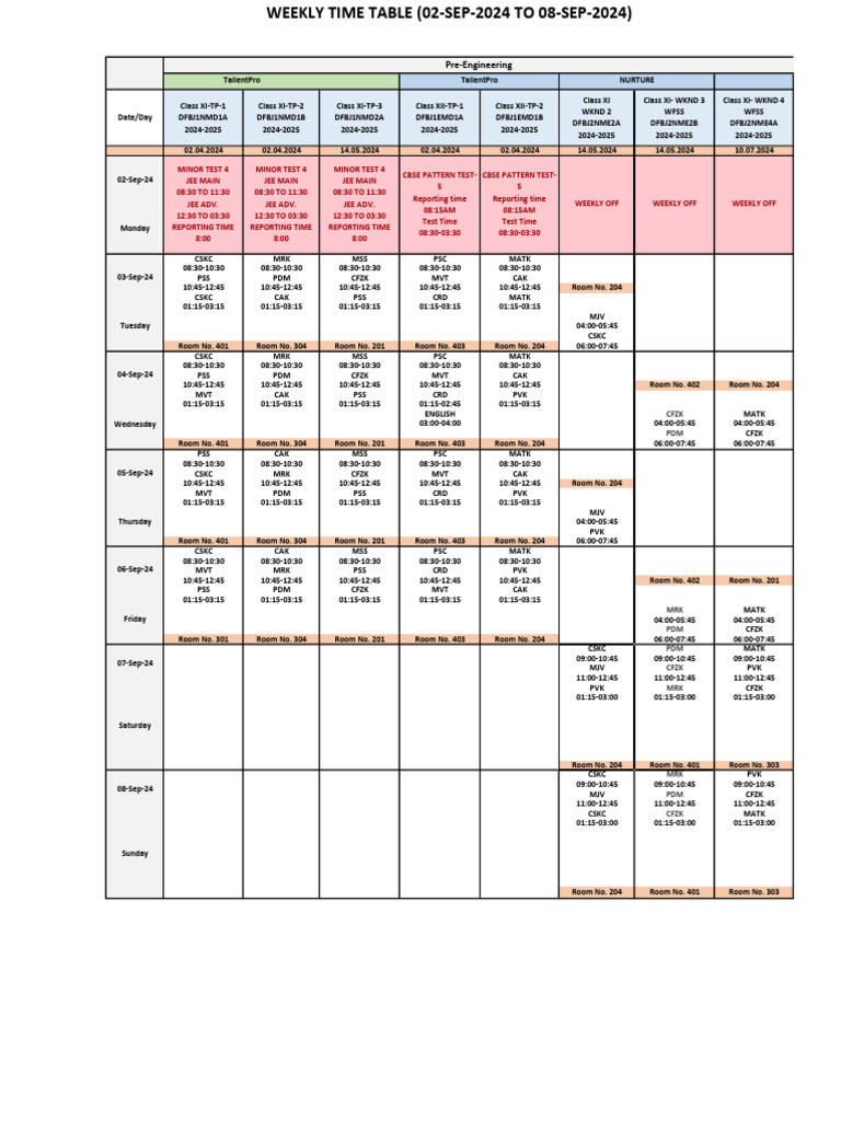 Iit-Jee Time Table 02 Sep - 08 Sep | PDF