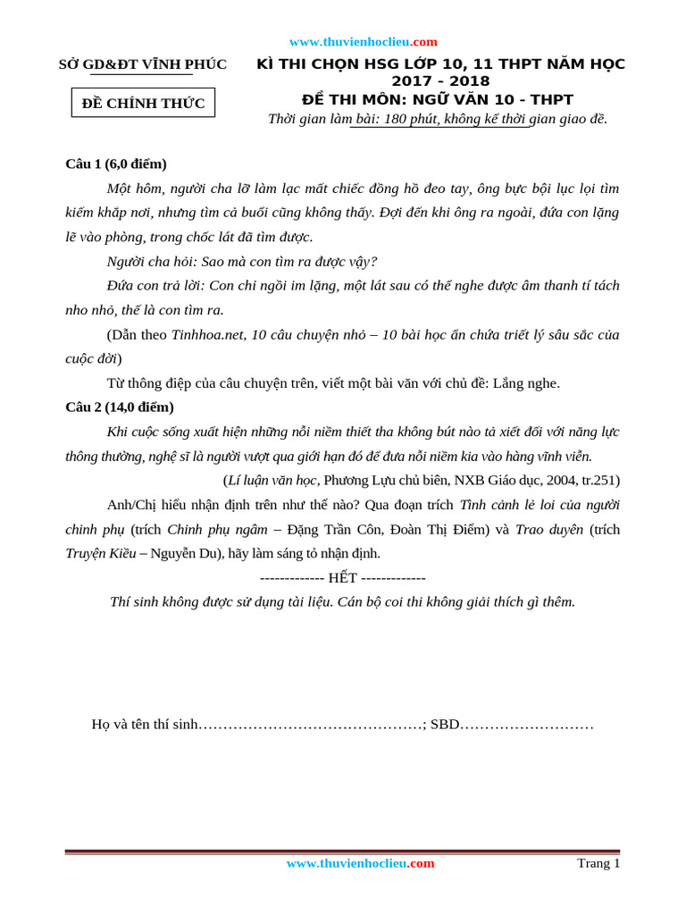 De Thi HSG Van 10 VINH PHUC 2018 | PDF