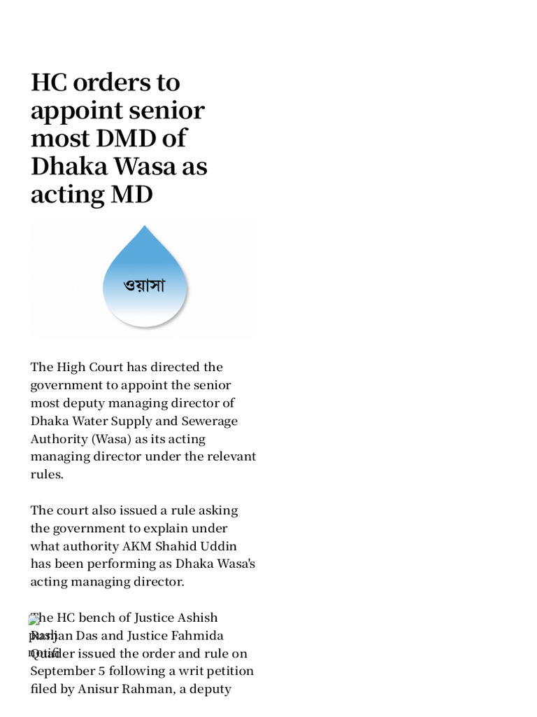 HC Orders To Appoint Senior Most DMD of Dhaka Wasa As Acting MD - The ...