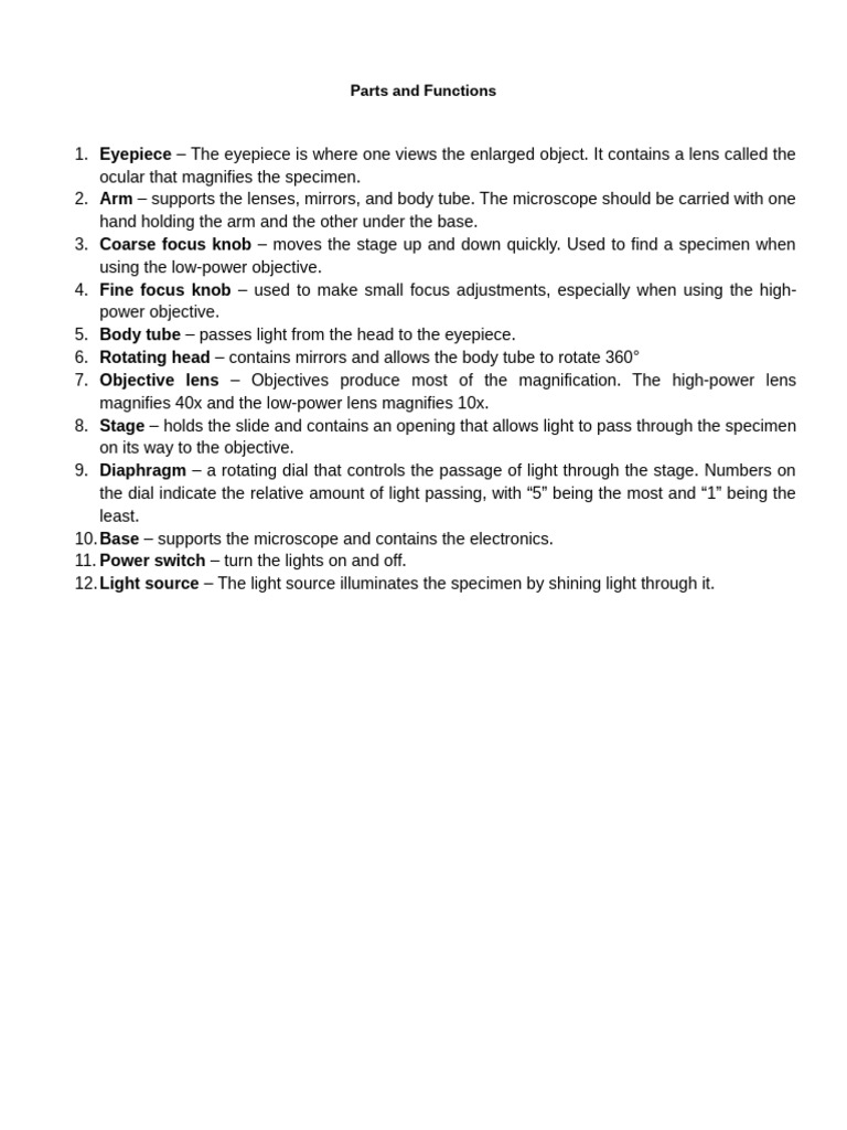 Microscope Parts and Functions | PDF | Science & Mathematics