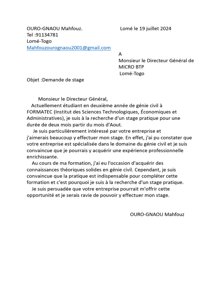 Lettre de Demande de Stage | PDF