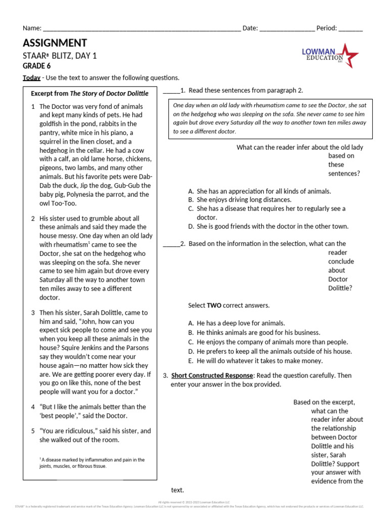 Day 1. Assignment. STAAR® Blitz. RLA. 6th Grade | PDF