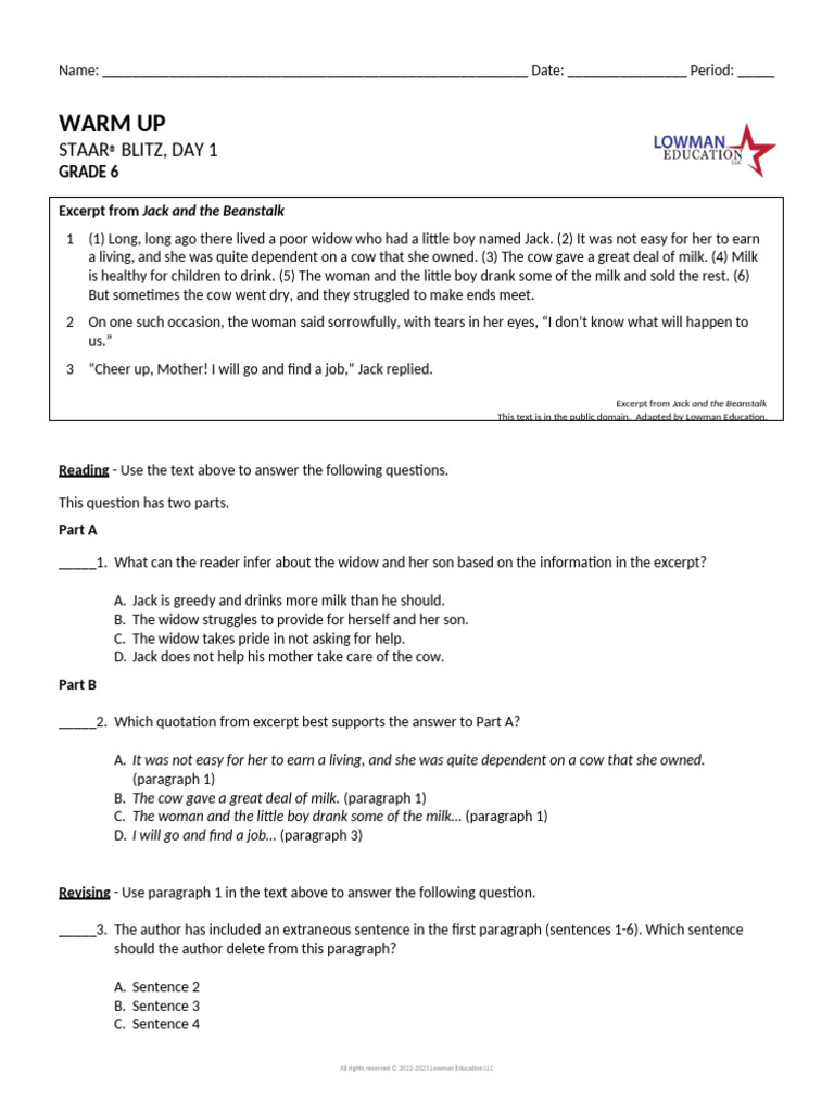Day 1. Warm Up. STAAR® Blitz. RLA. 6th Grade | PDF