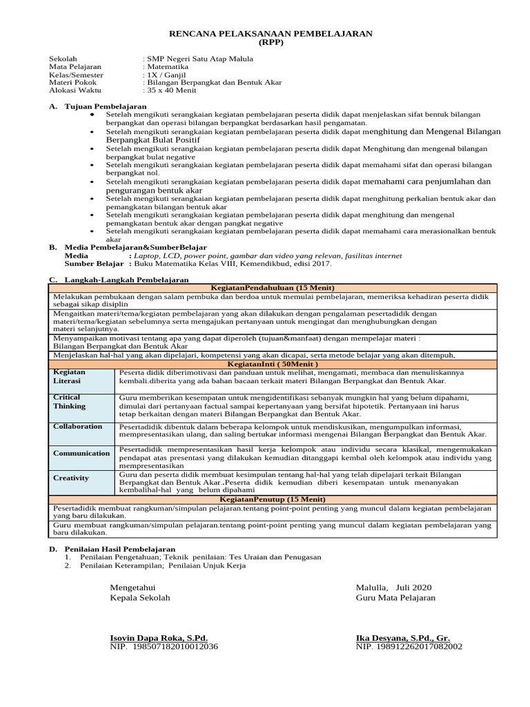 Contoh RPP 1 Lembar (Bilangan Berpangkat) | PDF