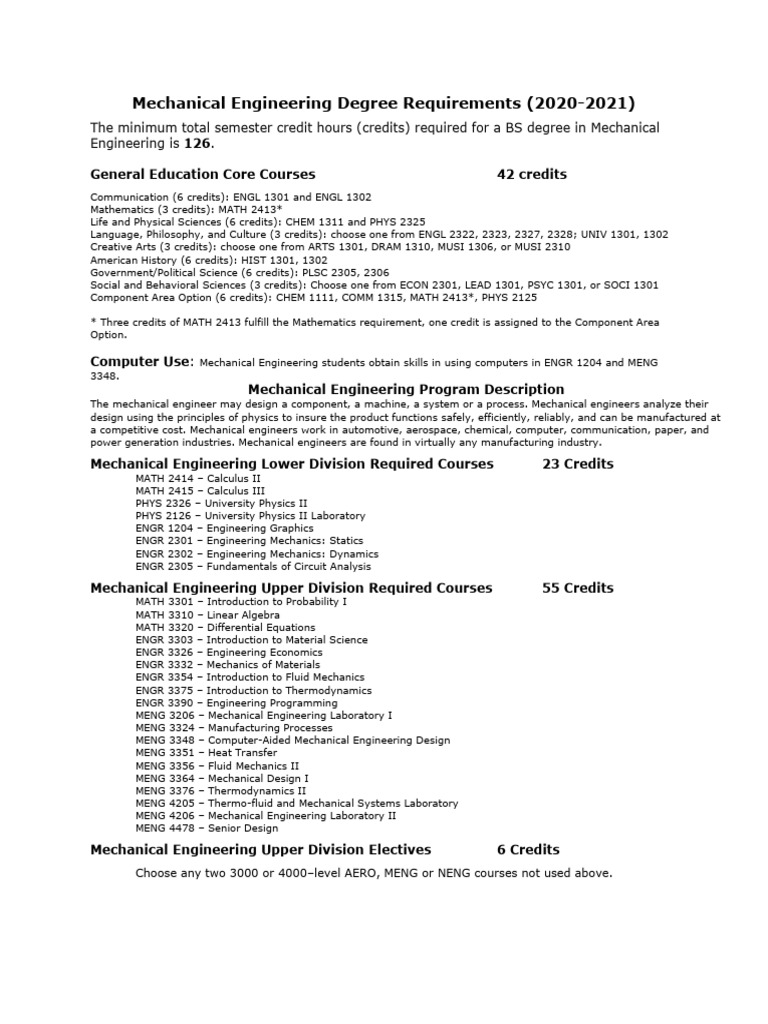Mechanical Engineering Degree Requirements | PDF