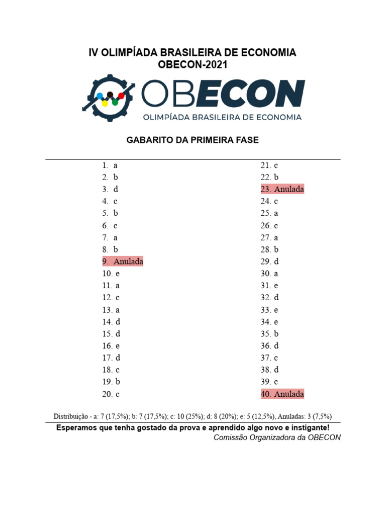 OBECON-2021 - Gabarito Da Primeira Fase | PDF