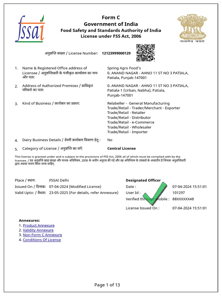 FSSAI Lic No - 12123999000129 Spring Agro Foods | PDF