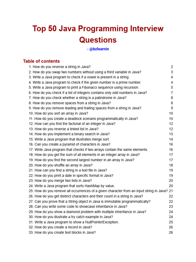 Top 50 Java Programming Interview Questions | PDF