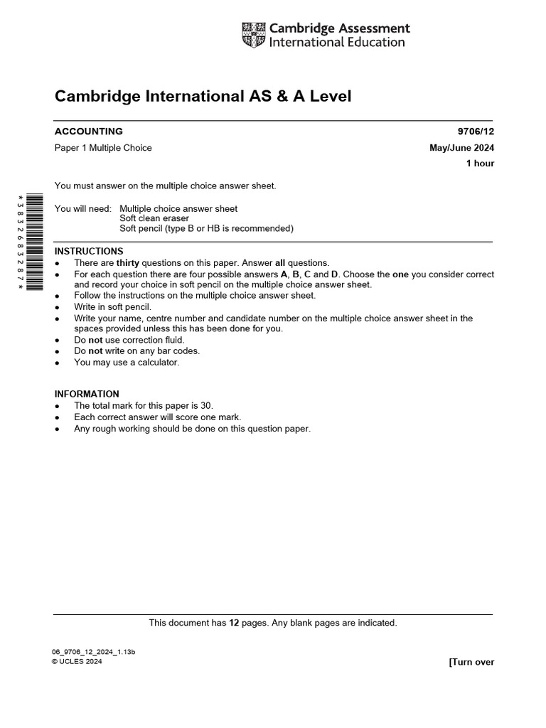 Cambridge International AS & A Level: Accounting 9706/12 | PDF