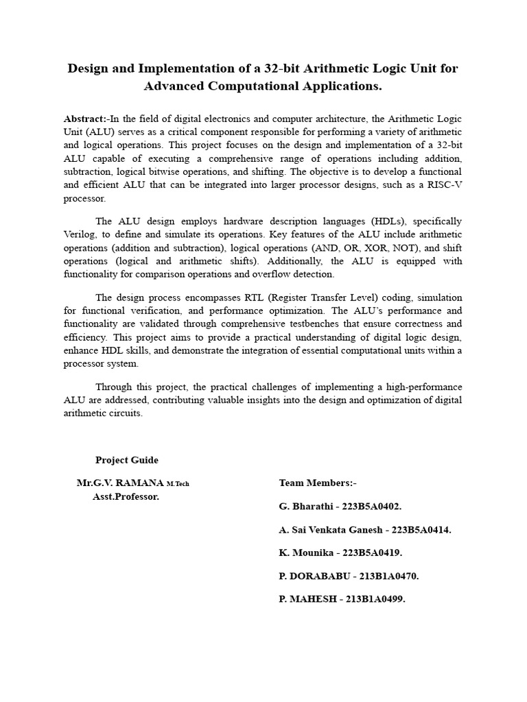 Abstract-Design and Implementation of A 32-Bit Arithmetic Logic Unit For Advanced Computational ...