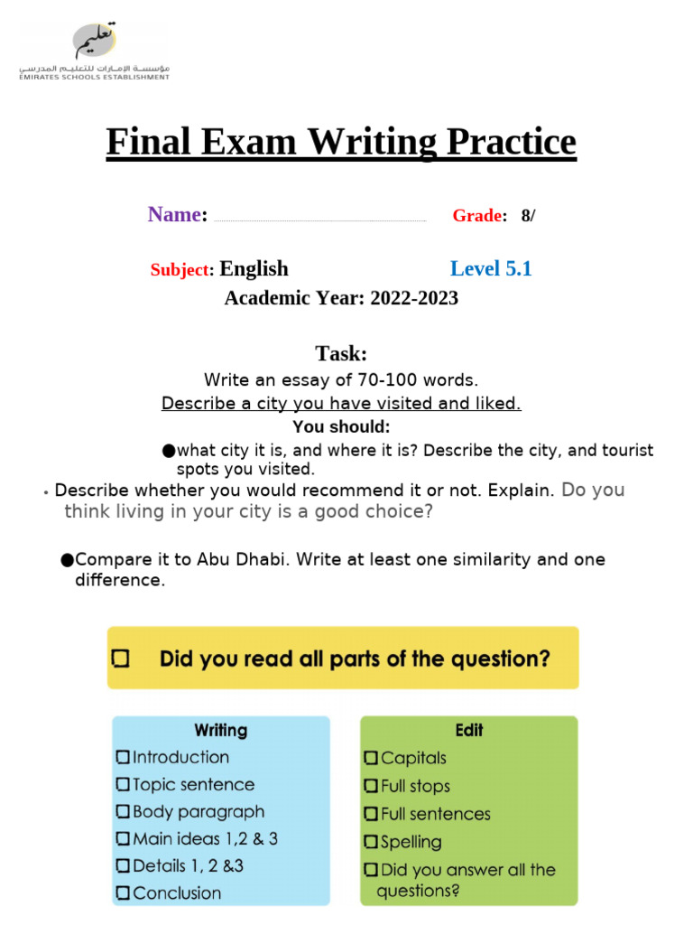 Grade 8 U2L8-9 City You Have Visited - Informative Essay | PDF