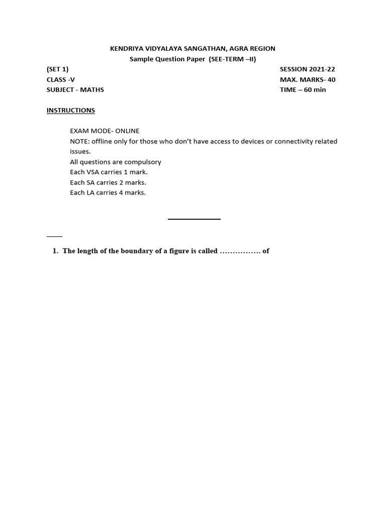 Class 5 Maths Sample Question Paper | PDF | Area | Volume