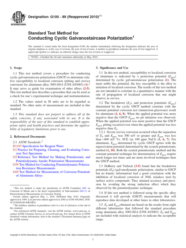 G100-89 (2010) E1 Standard Test Method For Conducting Cyclic ...