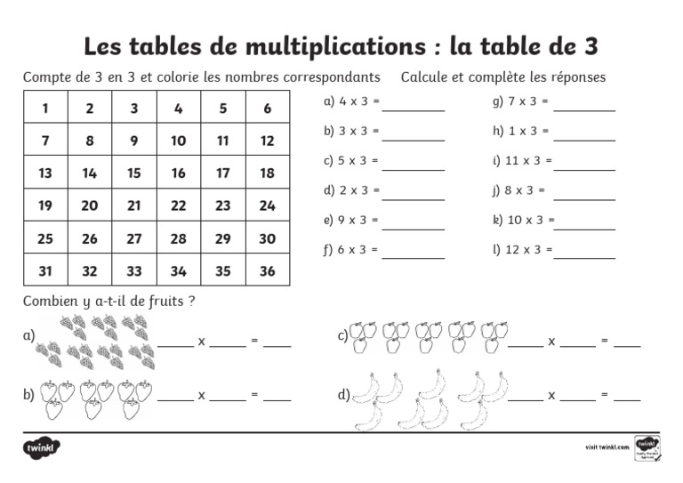 Fiche de Calcul La Table de 3 Les Multiplications Feuille ...