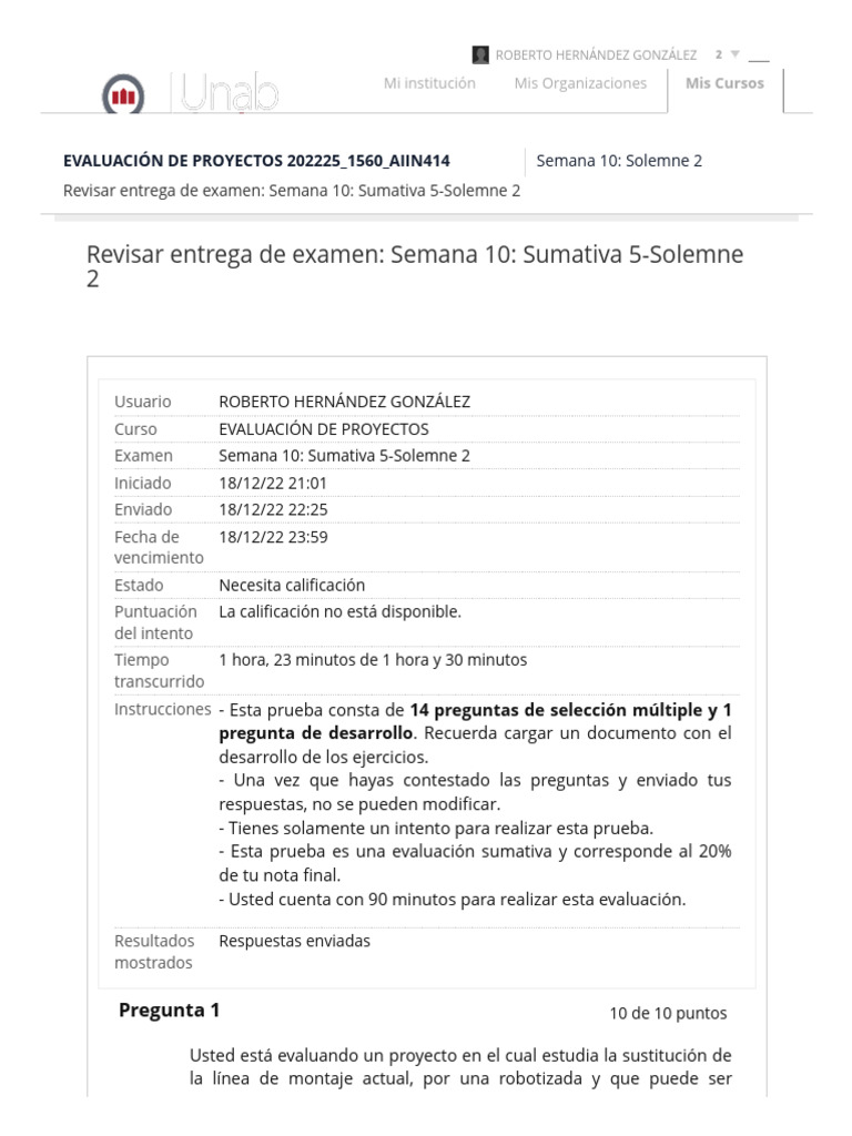 Revisar Entrega de Examen - Semana 10 - Sumativa 5 - 1212 | PDF