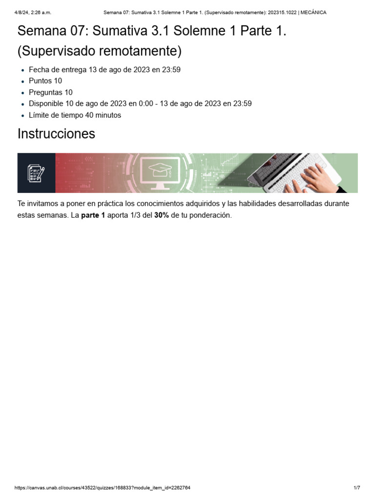 Semana 07 - Sumativa 3.1 Solemne 1 Parte 1. (Supervisado Remotamente) - 202315.1022 - MECÁNICA | PDF