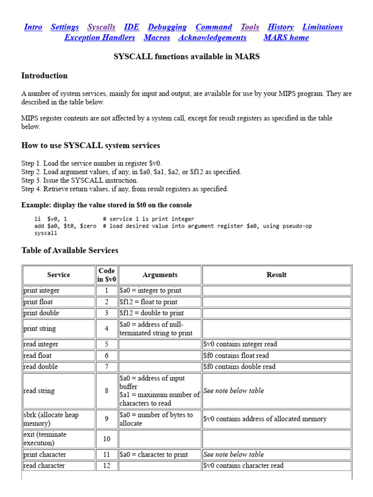 Mips Syscall Functions Available In Mars Pdf