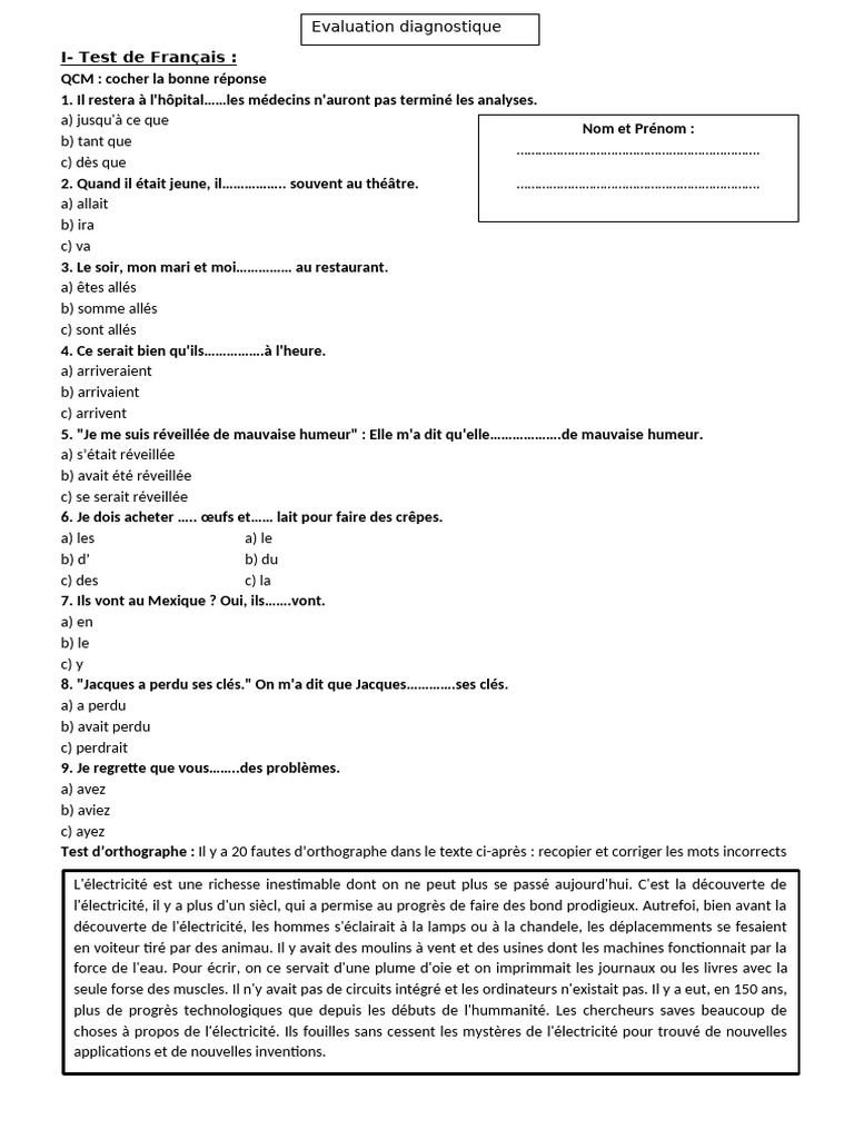 Evaluation Diagnostique 1BAC | PDF
