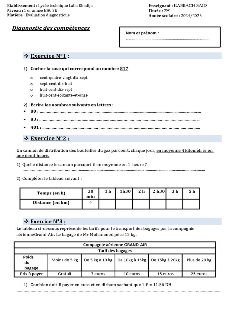 Evaluation diagnostique 1BAC SE | PDF