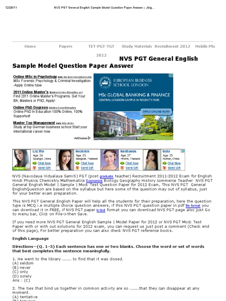 General English Sample Model Question Paper Answer | PDF | Test ...