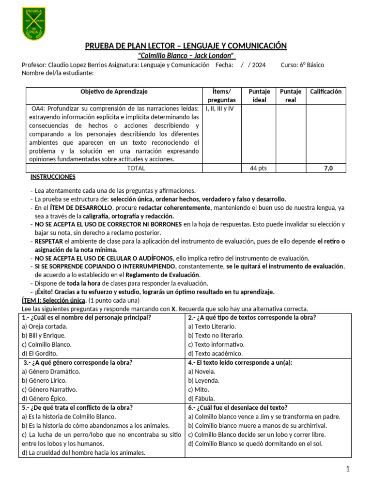 Prueba 6° PL Leng 06 04 | PDF