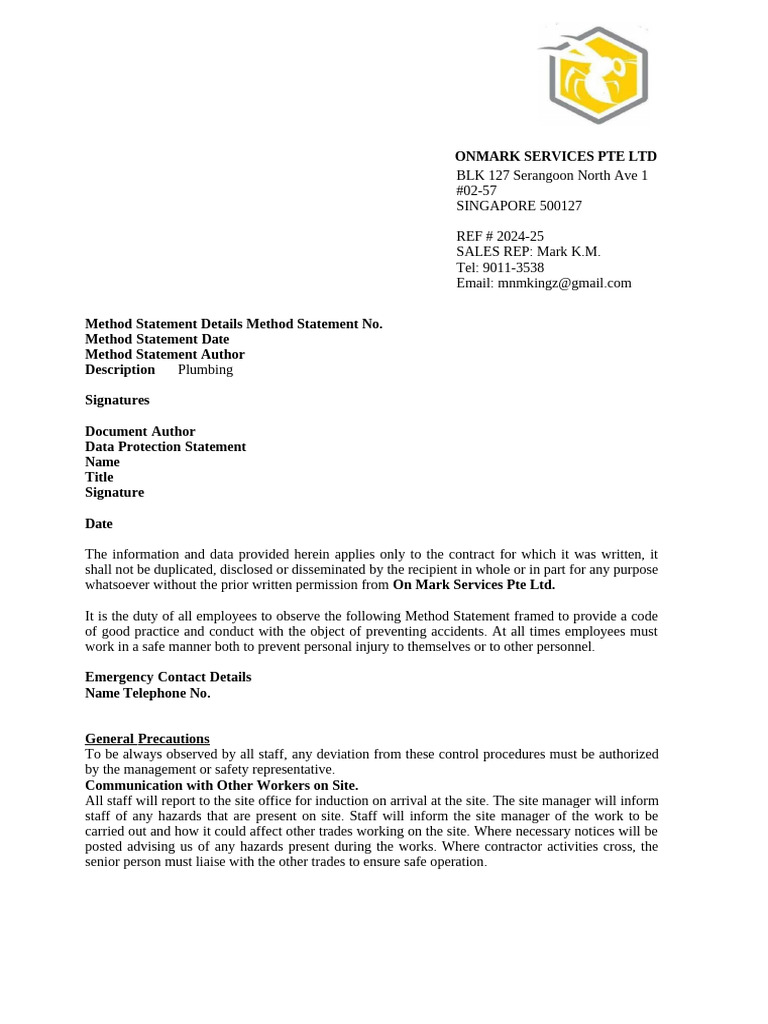 Plumbing Method Statement v2 | PDF