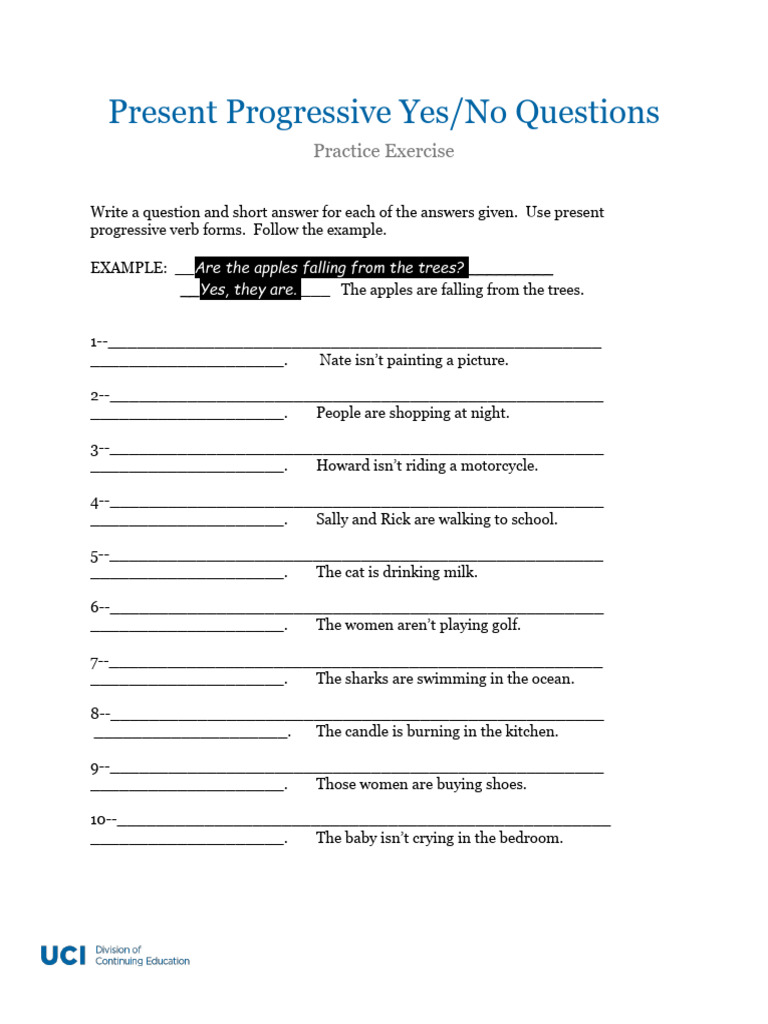 C2M3L1 - Present Progressive Yes No Questions Practice Exercise | PDF