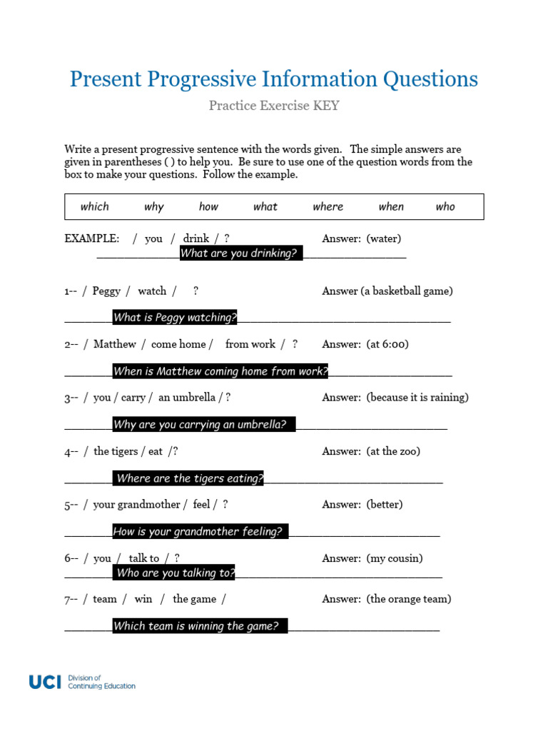 C2M3L2 - KEY - Present Progressive Information Questions Practice ...