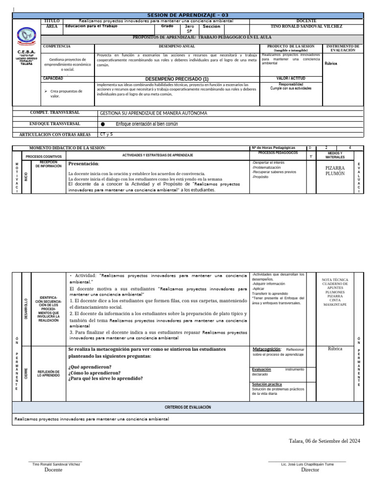 UNIDAD 01 SESION 03 Realizamos Proyectos Innovadores para Mantener Una Conciencia Ambiental EPT ...