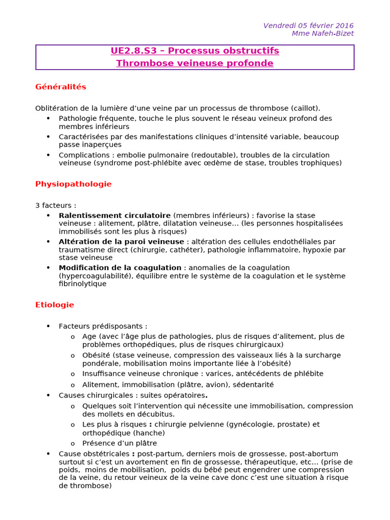 Thrombose Veineuse Profonde Et Embolie Pulmonaire Cours Ifsi | PDF