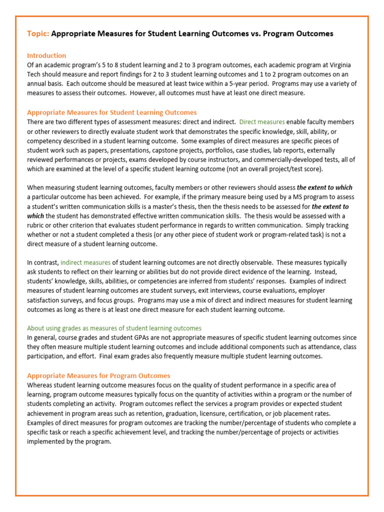 Office Handout Series Appropriate Measures For SLOs and POs | PDF
