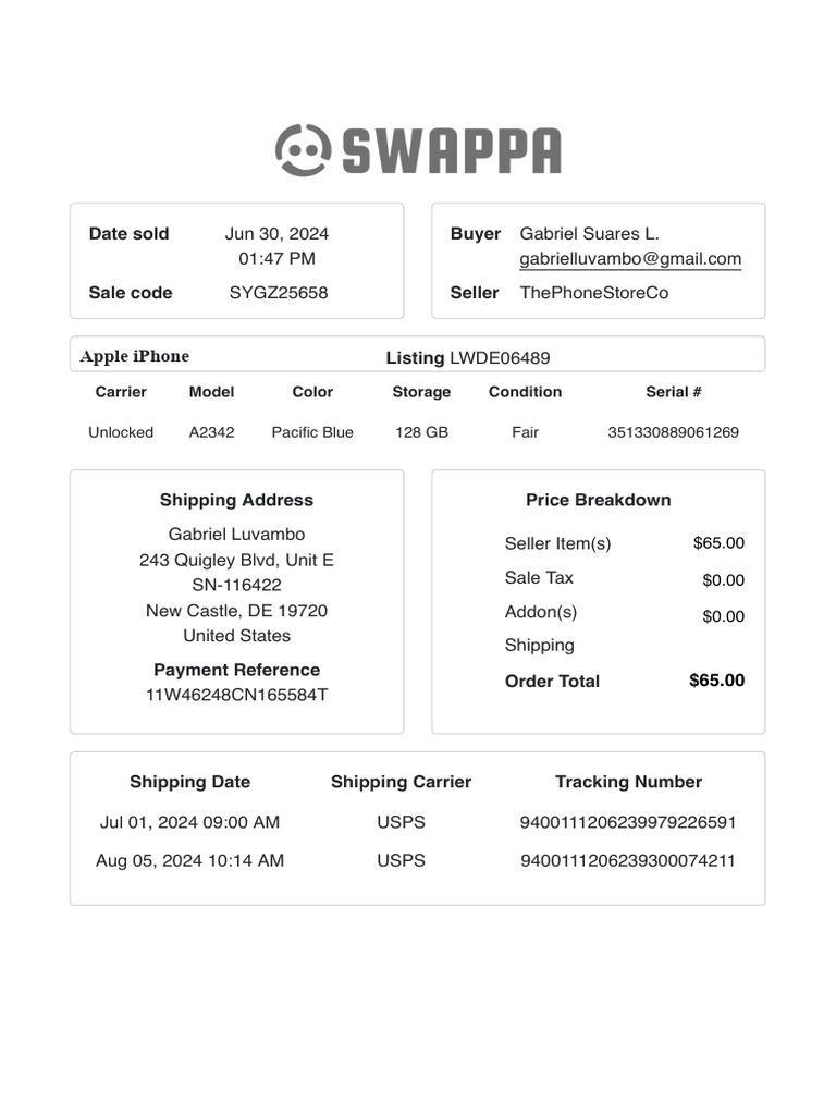 Https:/swappa com/sale/SYGZ25658/invoice | PDF