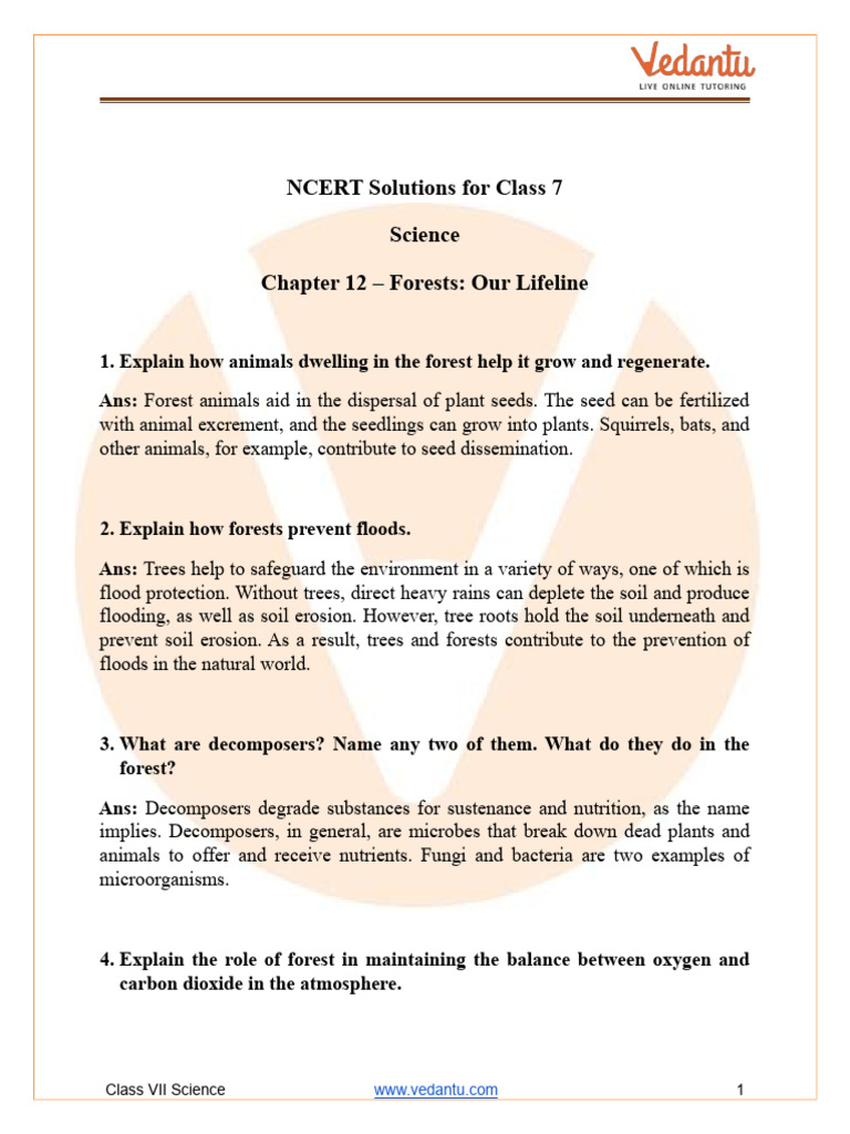 NCERT Solutions For Class 7 Science Chapter 12 Forest Our Lifeline PDF ...